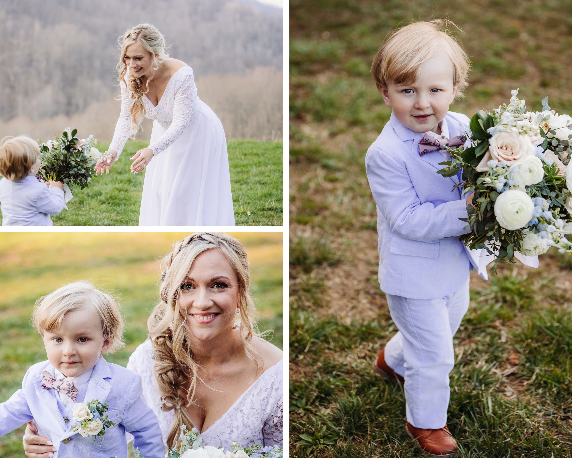 Son holds moms bouquet Eloping with Kids ~ Elope Outdoors