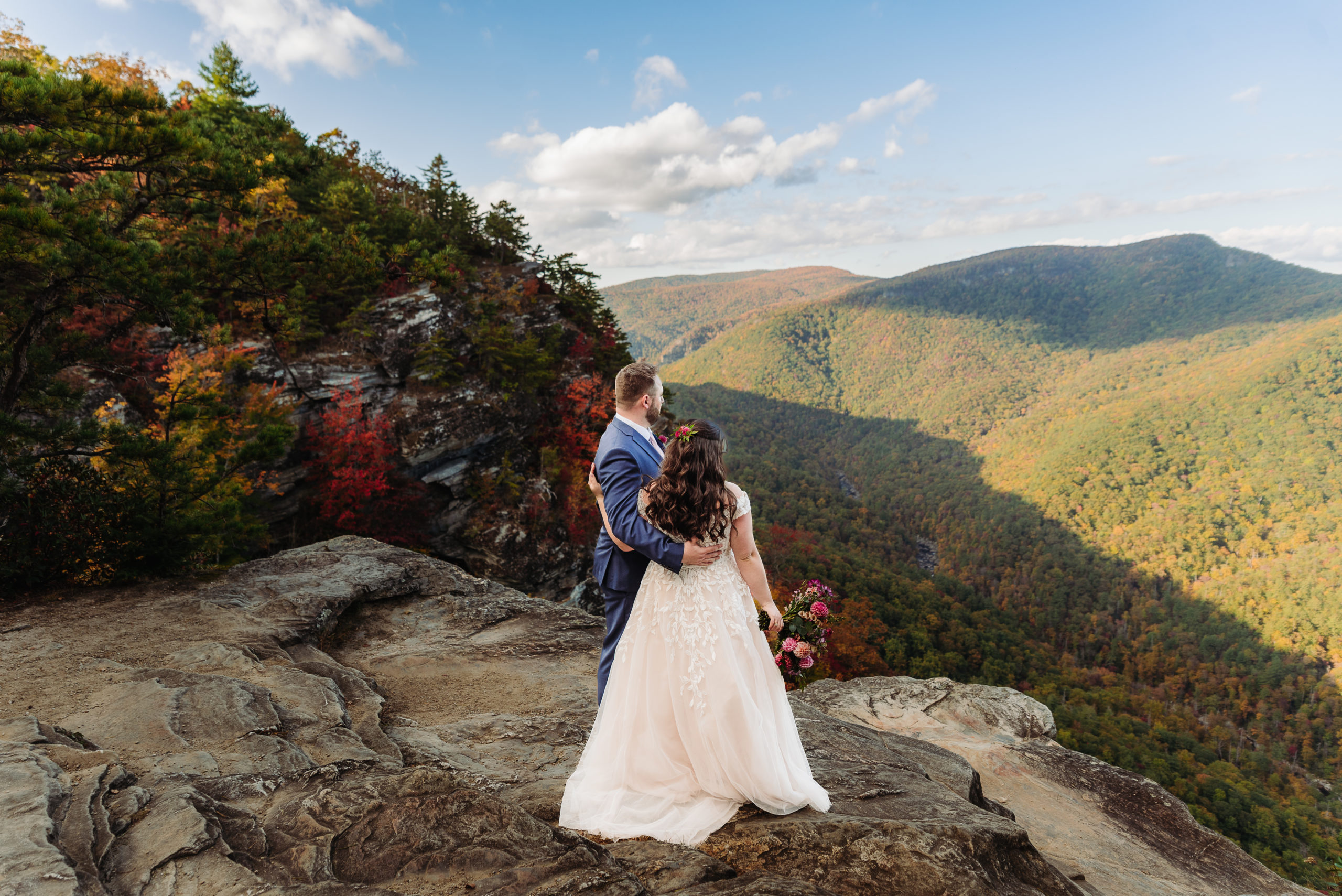Bride and Groom overlooking Linville Falls below ~ Elope Outdoors